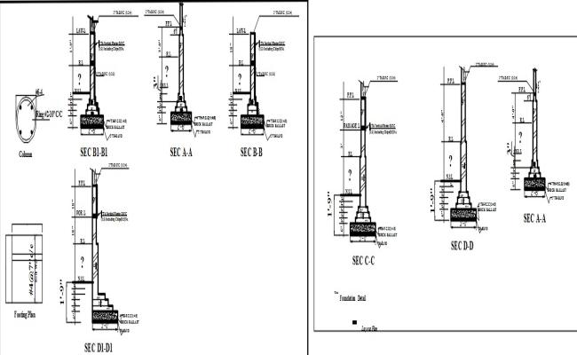 Shoe foundation footing, beam and column structure drawing details dwg file