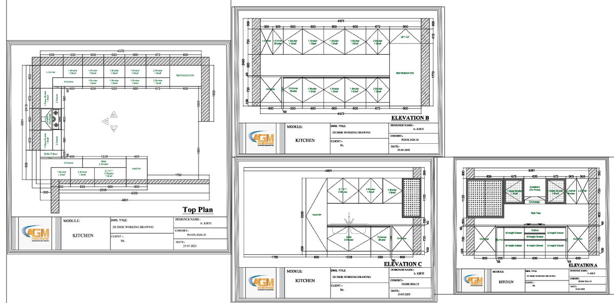 2D Kitchen Working Drawing DWG For 3BHK Projects files