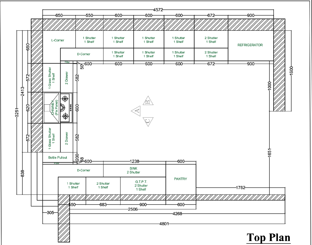 2D Kitchen Working Drawing DWG For 3BHK Projects files