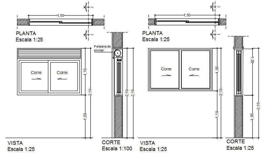 1.50m x 1.10m size of window detail is given in this autocad file ...