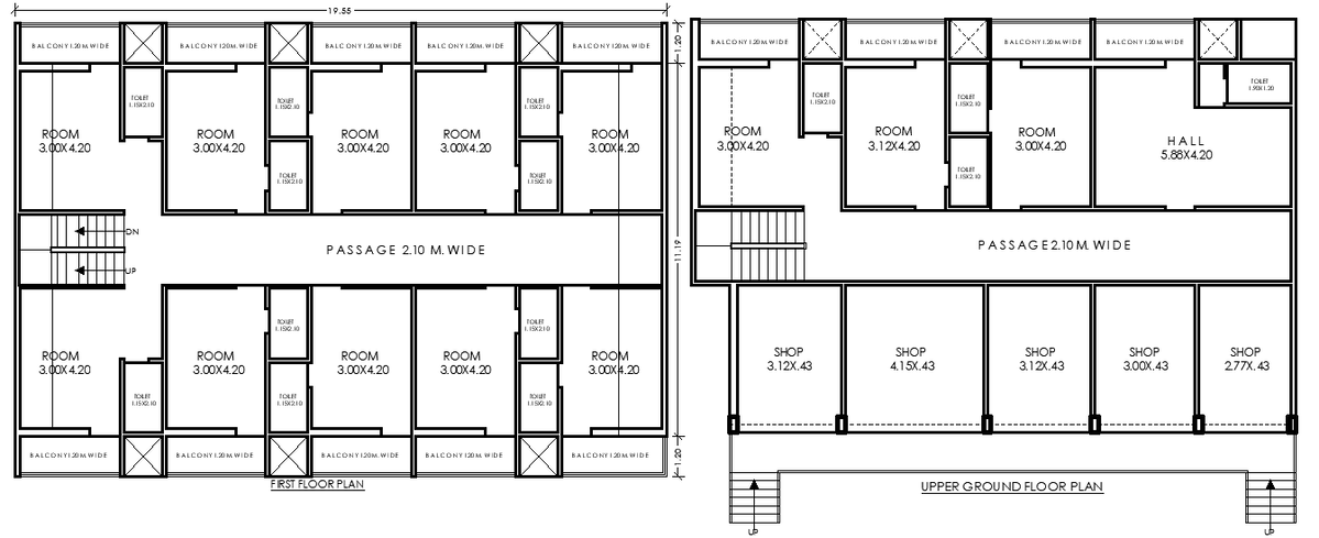 19.55m x 11.19m First and Upper Ground Floor Plan with Room and Shop ...