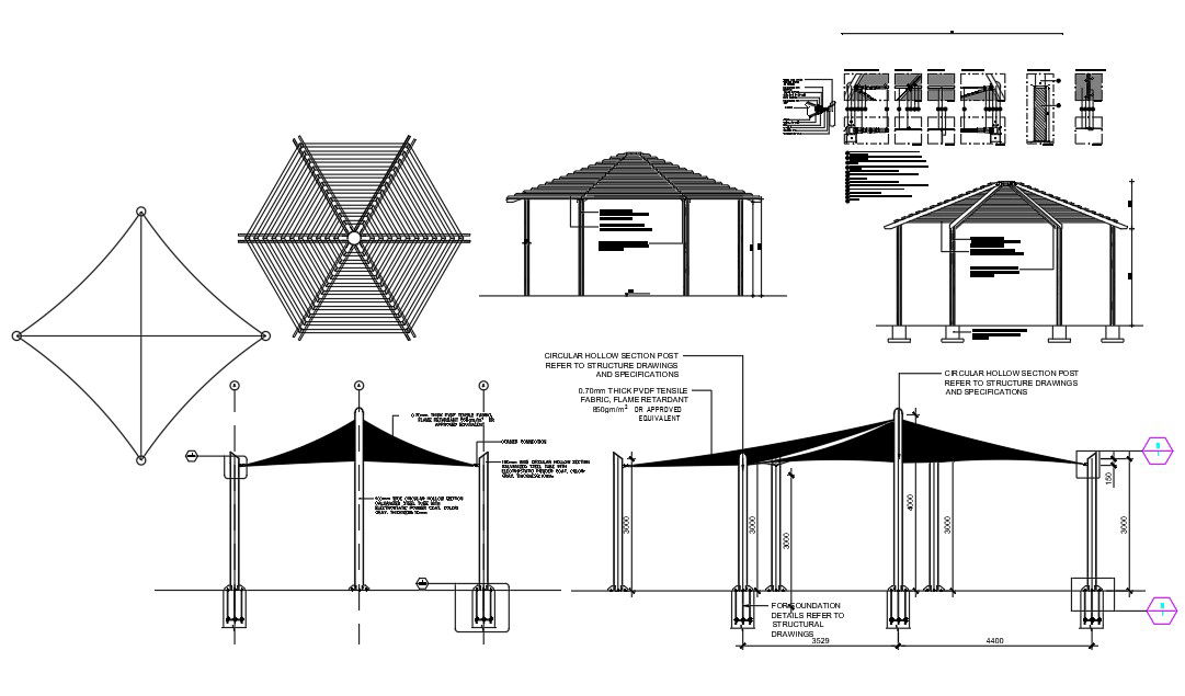 AutoCAD DWG of Tent and Wooden Roof Hut Plan and Section