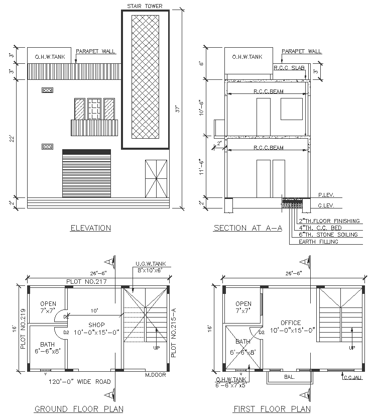 "2 Storey Commercial Building Floor Plan with Detailed Front Elevation ...
