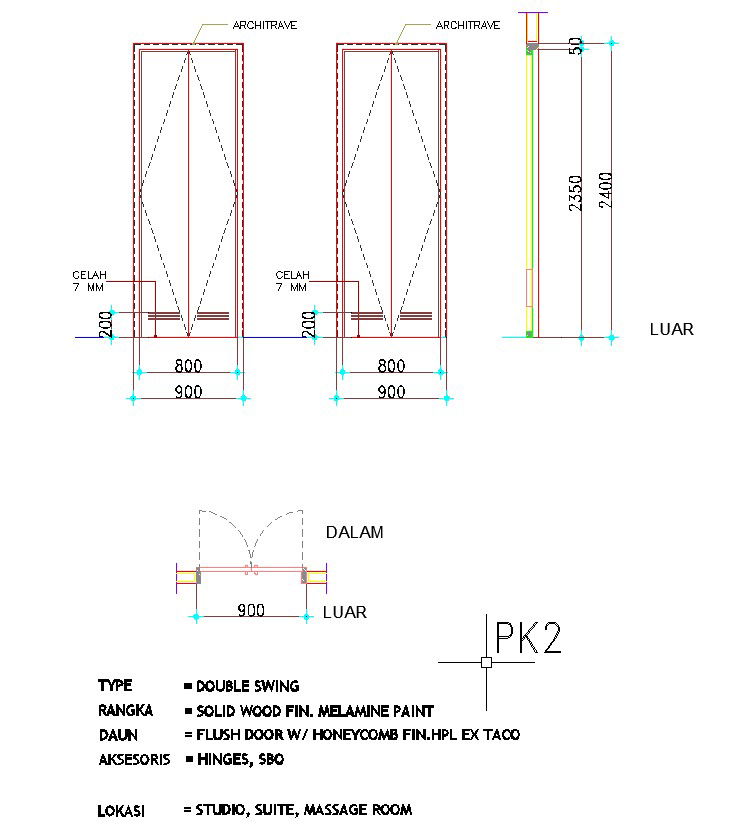 900×2400 Sized Double Swing Door Design Is Given In The Autocad Drawing Cad File Dwg File