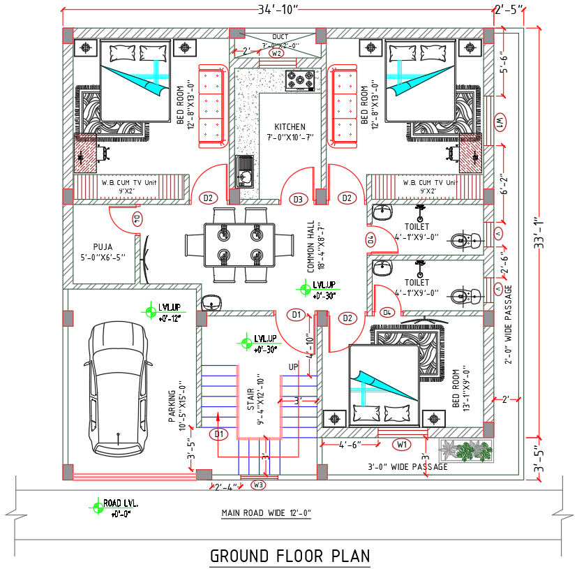 Architectural 3 BHK Residence House planAutoCAD Drawing in dwg file