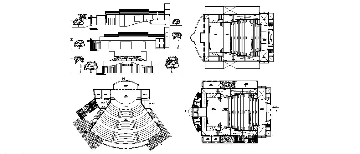 Auditorium hall of college elevation, section and distribution plan ...