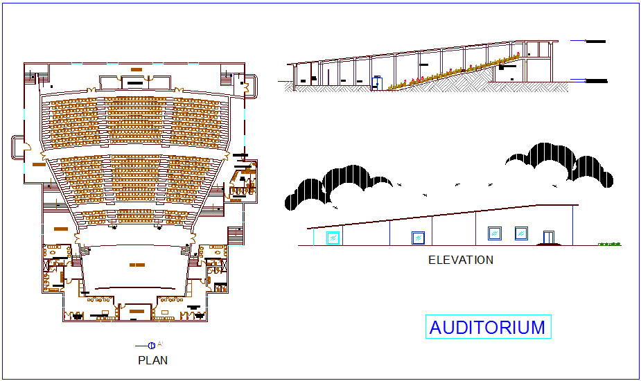 Auditorium plan,elevation and section view of collage dwg file