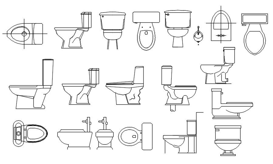 CAD blocks of different designs of toilets in AutoCAD 2D drawing, CAD file, dwg file
