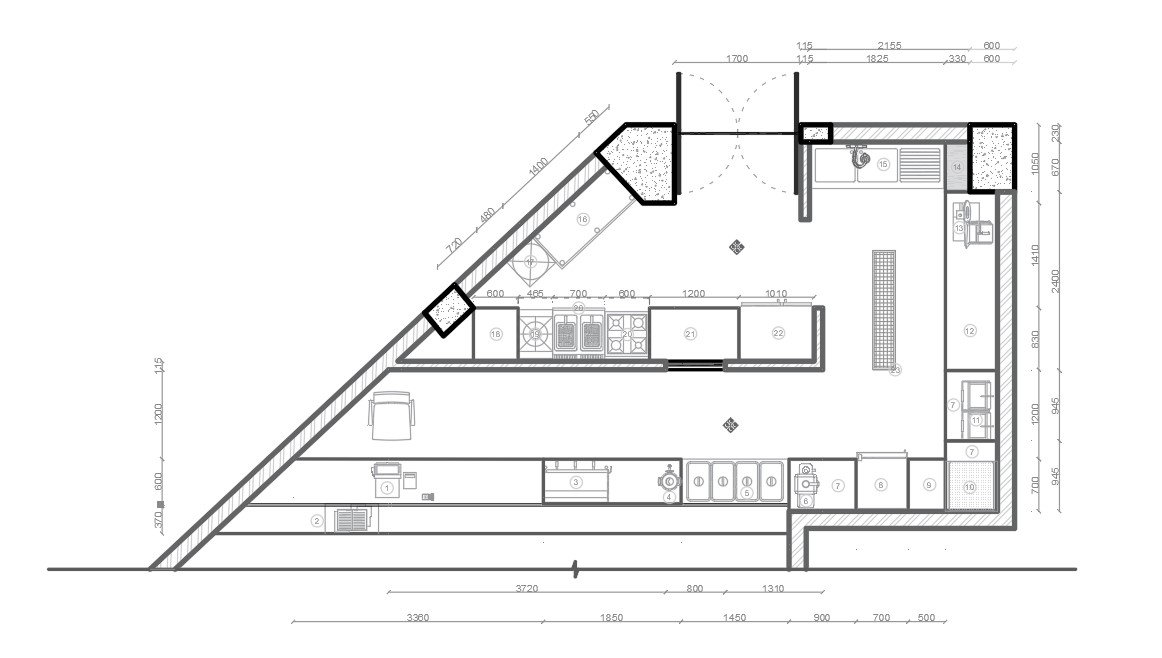 Cafe Kitchen and washroom plan and elevation