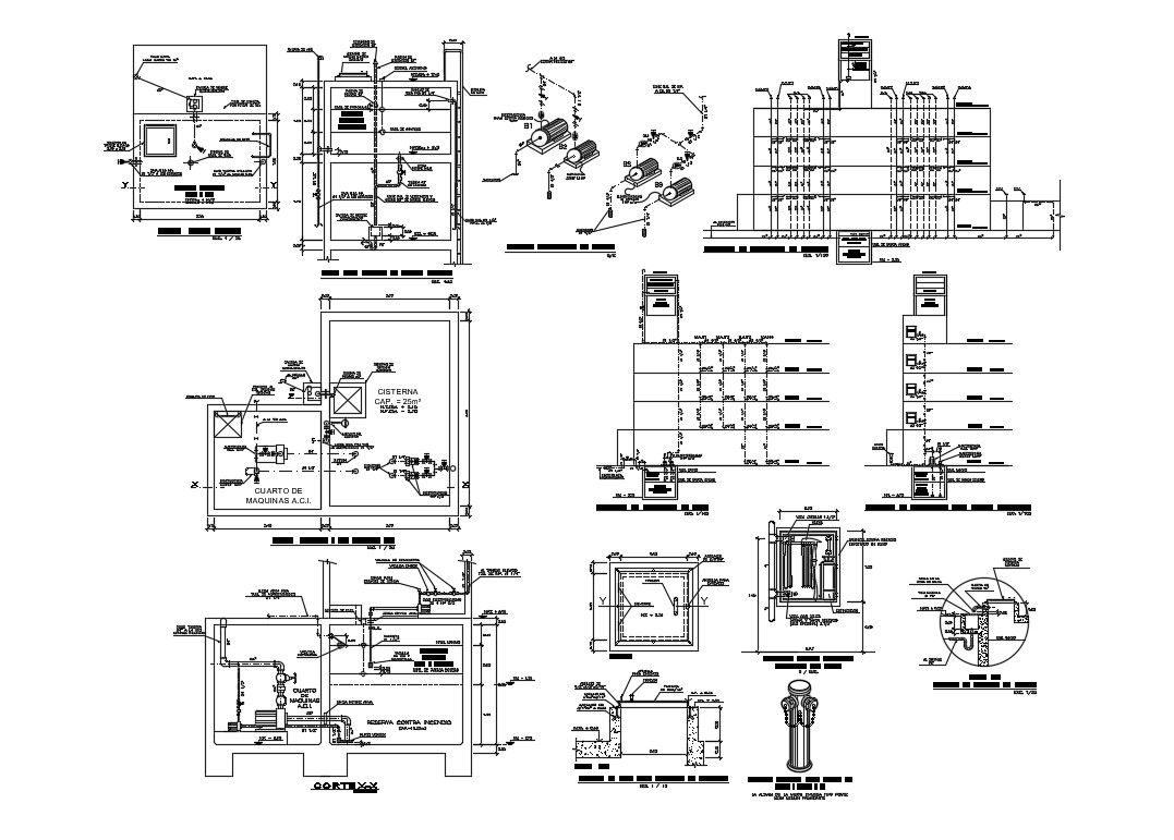 Cistern water tank section, installation, diagram and plumbing structure cad drawing details dwg ...