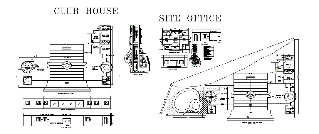 Club house elevation, section, floor plan, site office plan and auto ...