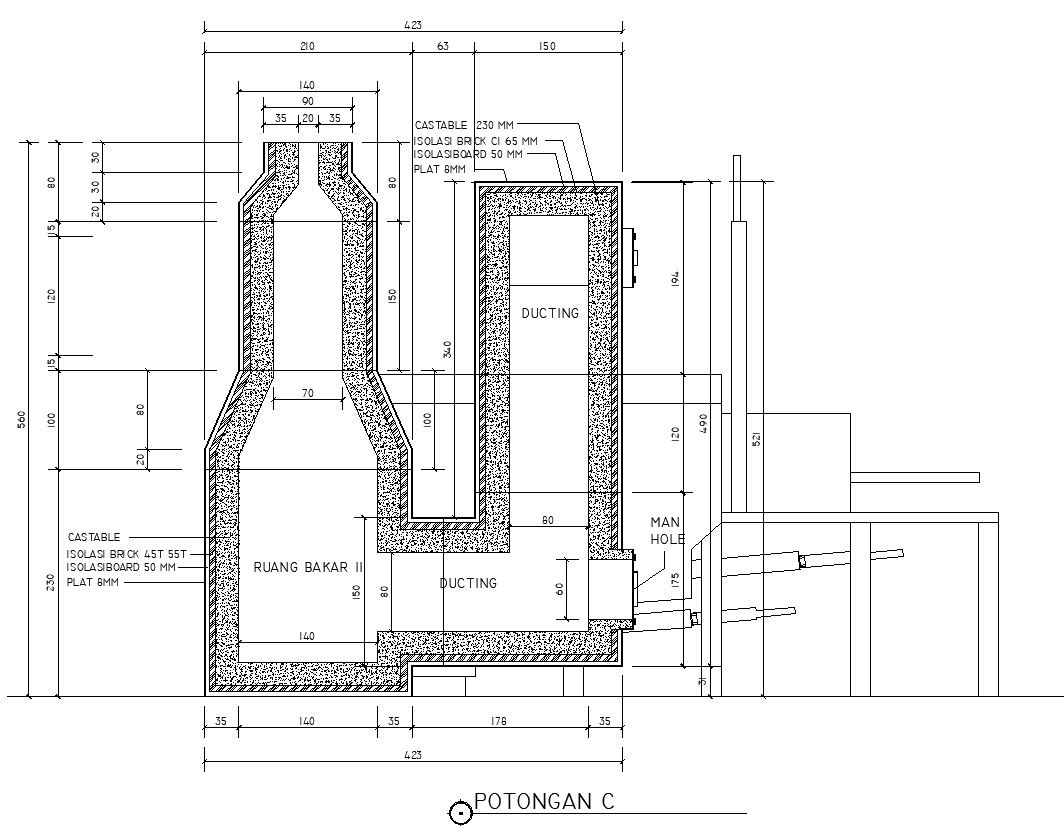 Cross Section C Of Incinerator Structure With Dimensions And Details In Autocad 2d Drawing Cad