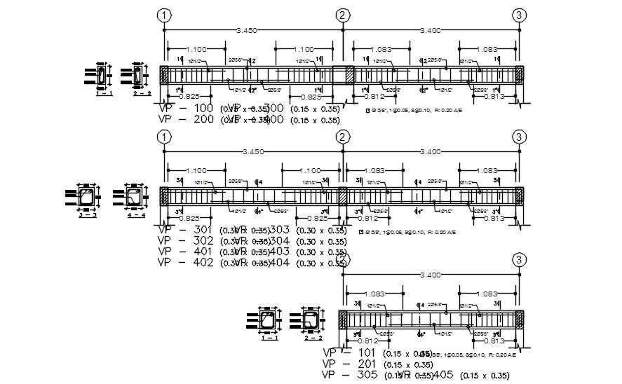 Cross Sections Of Beam Design With Reinforcement Details In Autocad 2d Drawing Cad File Dwg File