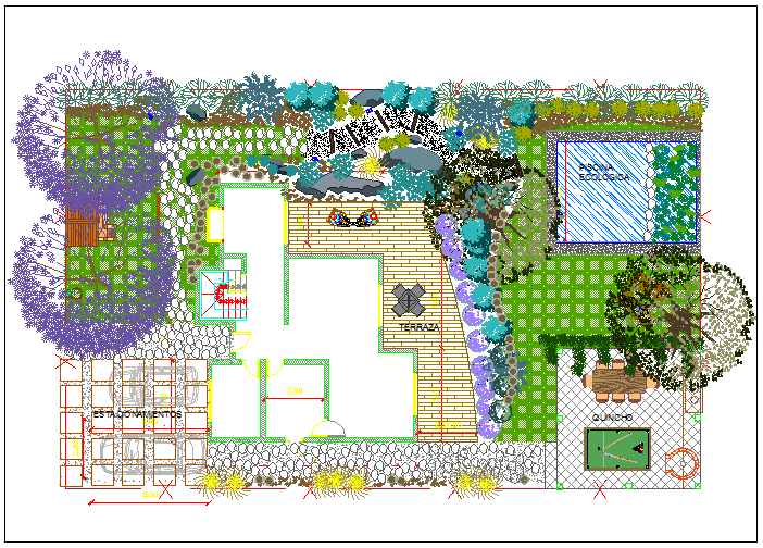 Detailed landscaping view of private home garden dwg file