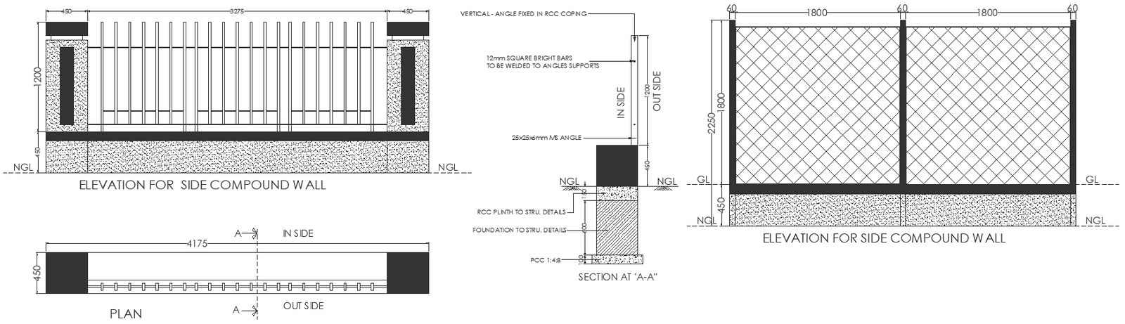 "Side Compound Wall Elevation with Detailed Dimensions - AutoCAD DWG ...