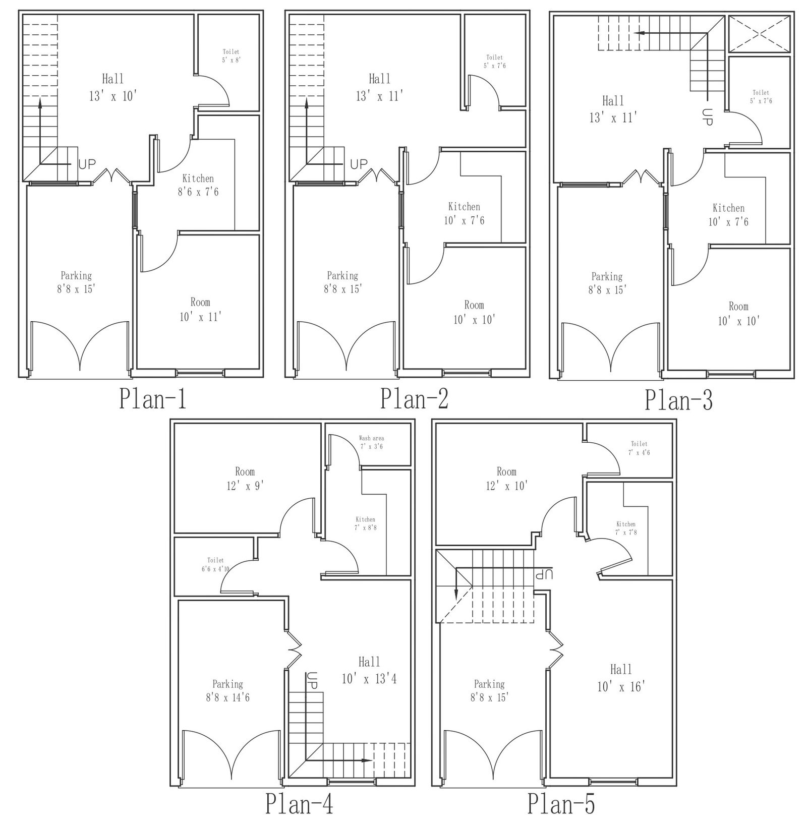 "1 BHK House Plan Design: Five Options with Detailed DWG AutoCAD Drawing"
