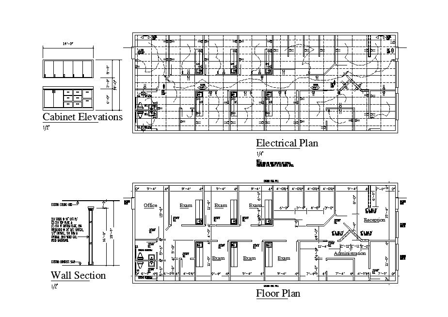 Floor plan, electrical plan, wall section and cabinet elevation details ...