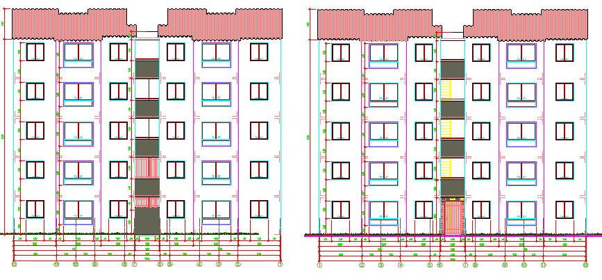 Front and back elevation view of multi-flooring housing building dwg file