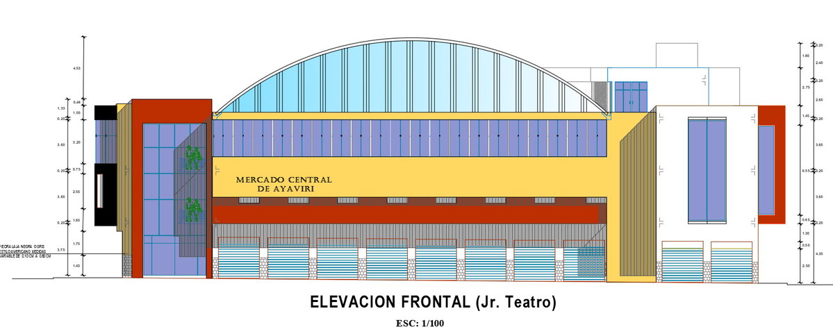 Front elevation view of 46x33m food factory building is given in this ...