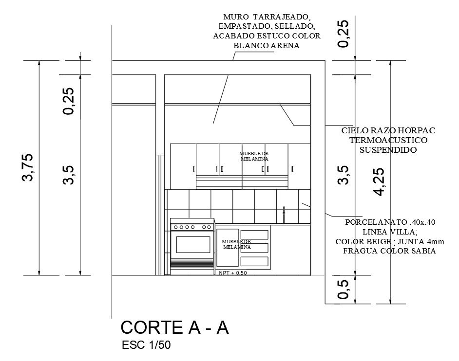 Front section view of 3x3m kitchen building is given in this Autocad ...