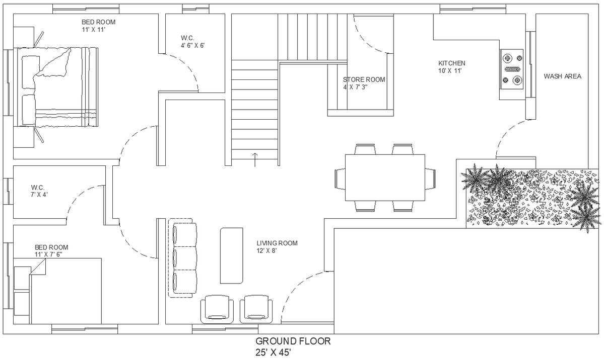 "Cozy Two BHK House Ground Floor Plan on 25X45 ft Plot | AutoCAD DWG ...