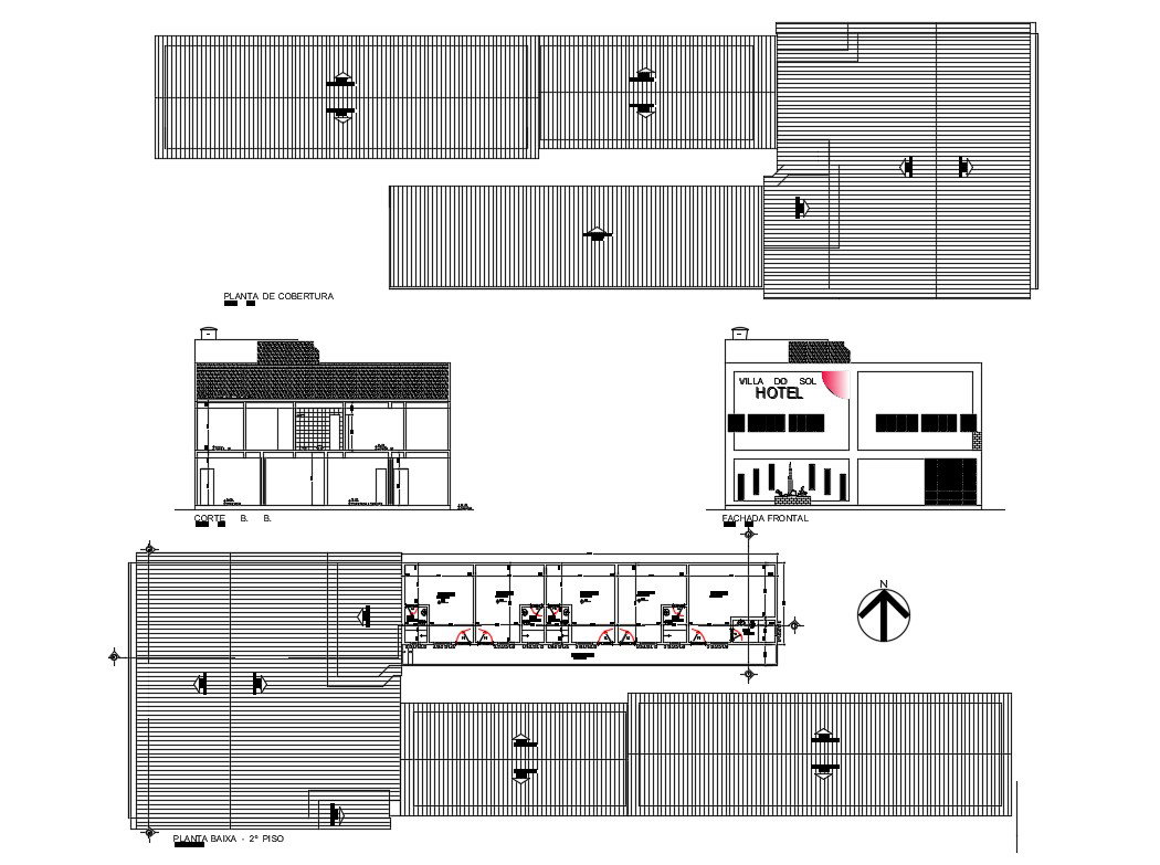 Hotel elevation, section, plan, cover plan and auto-cad details dwg file