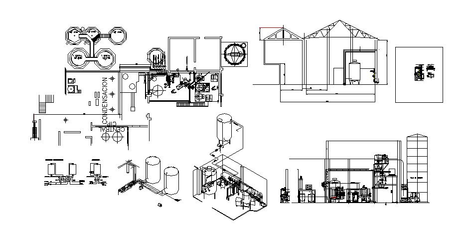 Industrial processing plant section, plan and isometric view cad ...