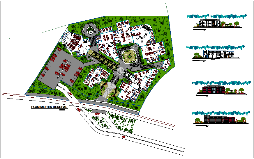 Landscape view,elevation and section view of finance office building ...