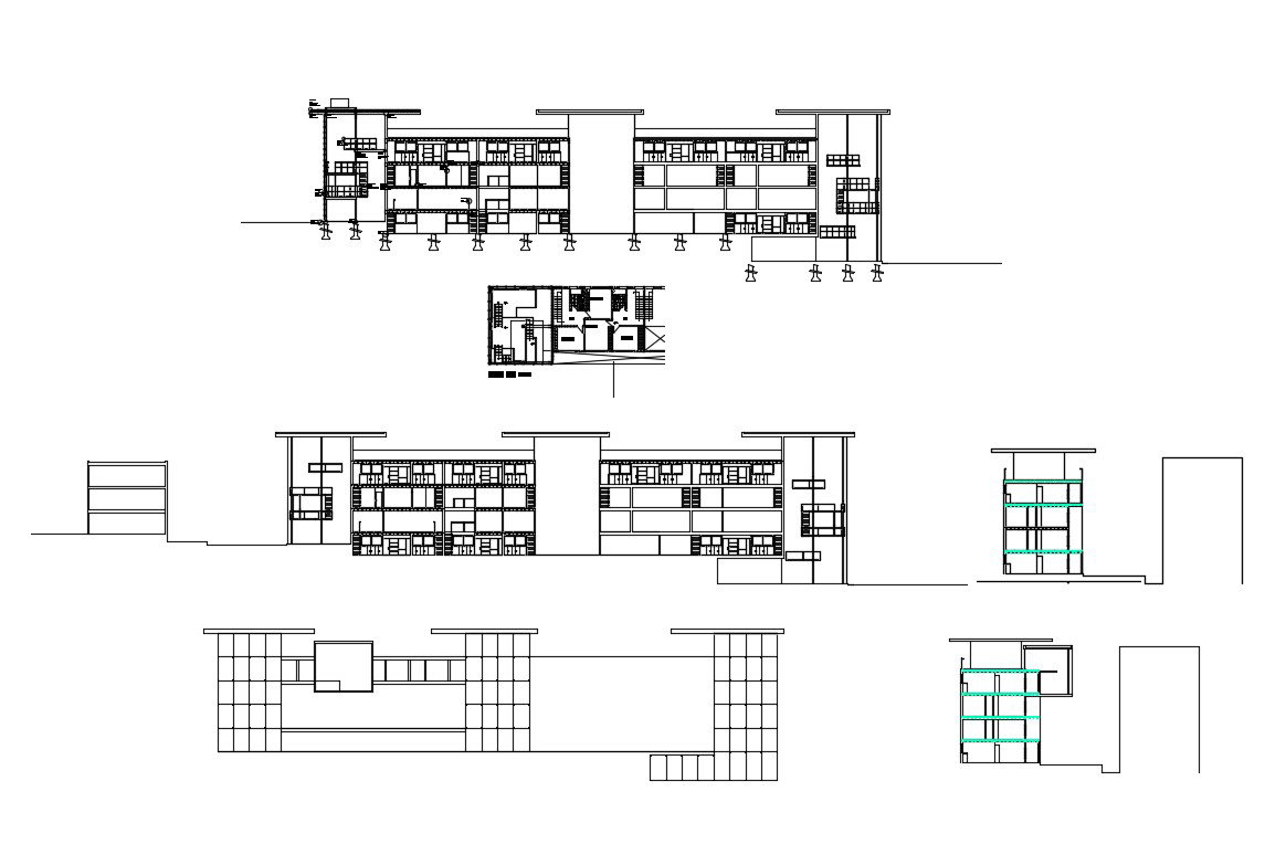 Multi-level apartment building all sided elevation and section details ...