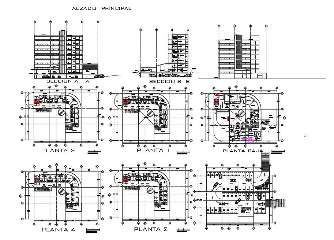 Multi-story hospital building elevation, section and floor plan details ...