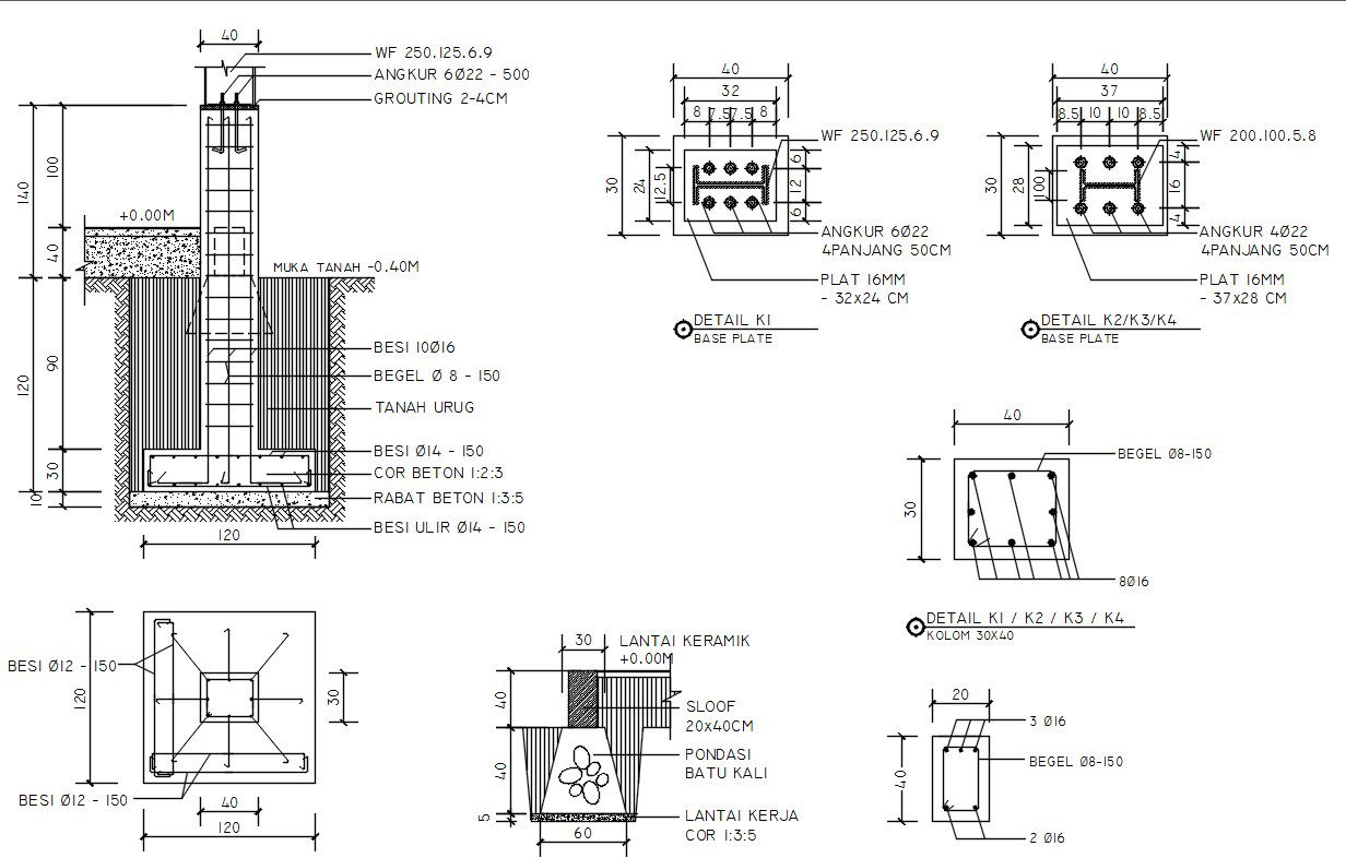 Plan And Section Design Of The Footing And Base Plate Details In Autocad 2d Drawing Cad File