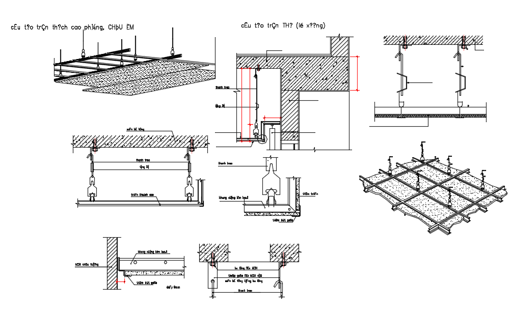 Plaster ceiling Isometric,elevation and detail view with construction ...