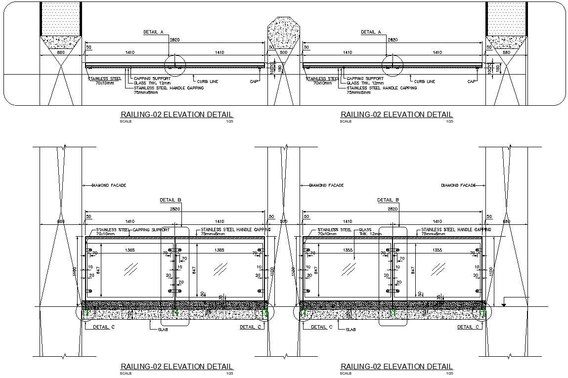 Railing elevation detail in AutoCAD 2D, CAD file, dwg file