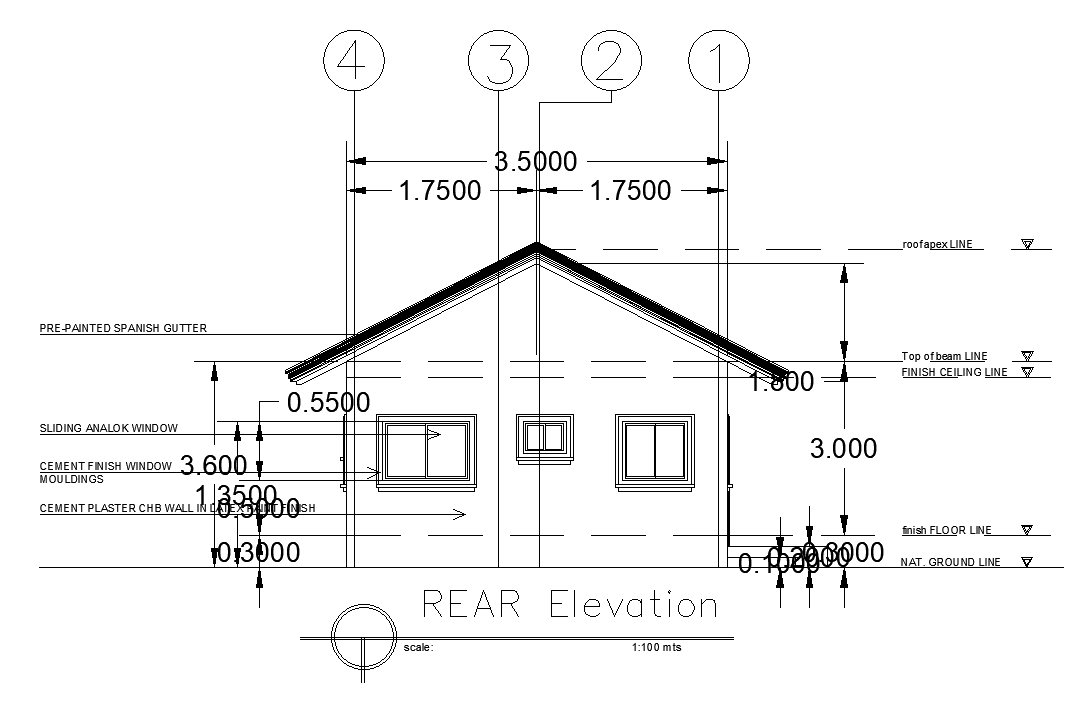 Rear elevation view of 7x13m residential building is given in this ...