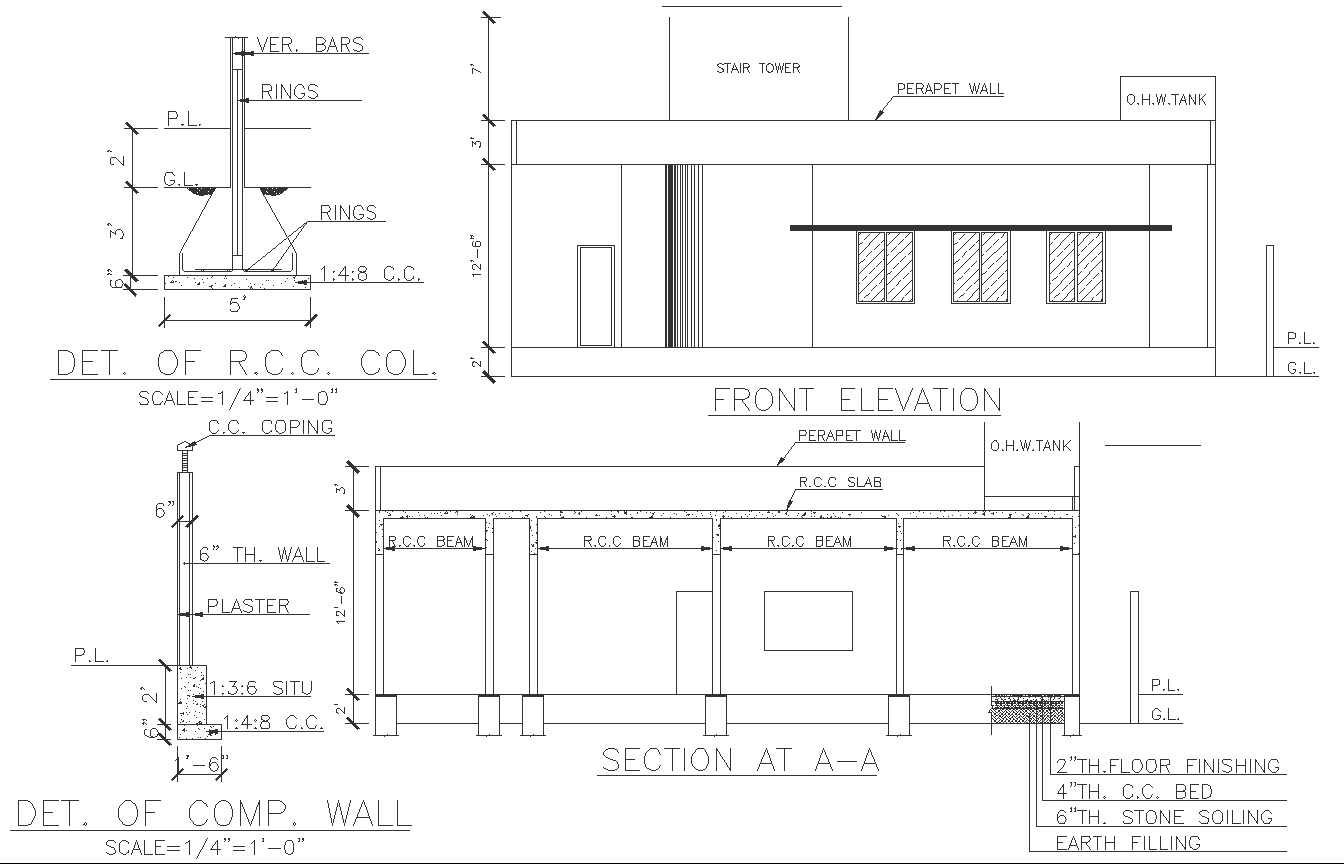 "Residential Building Elevation, Section, RCC Column, and Compound Wall ...