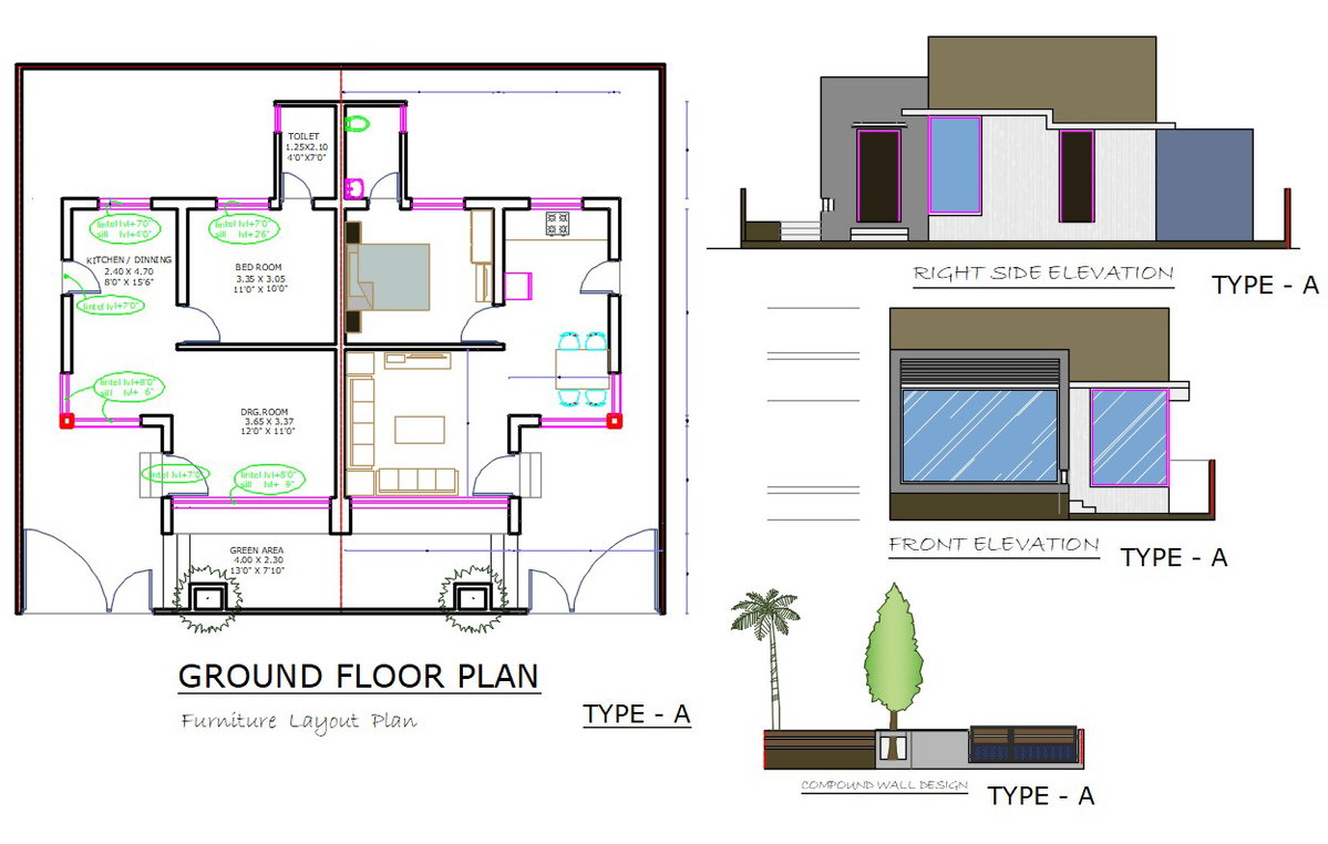 Row House Ground Floor Plan with Detailed Elevation Design