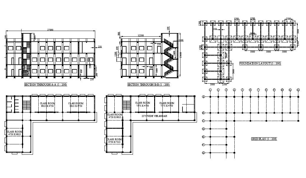 School building section, foundation plan, floor plan and grid plan ...