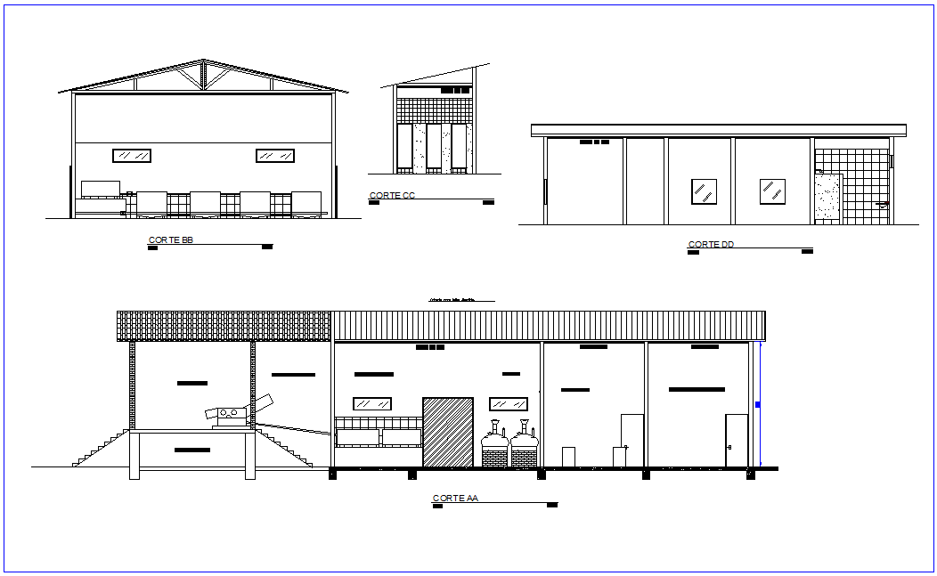 Section with different axis view for industries building dwg file