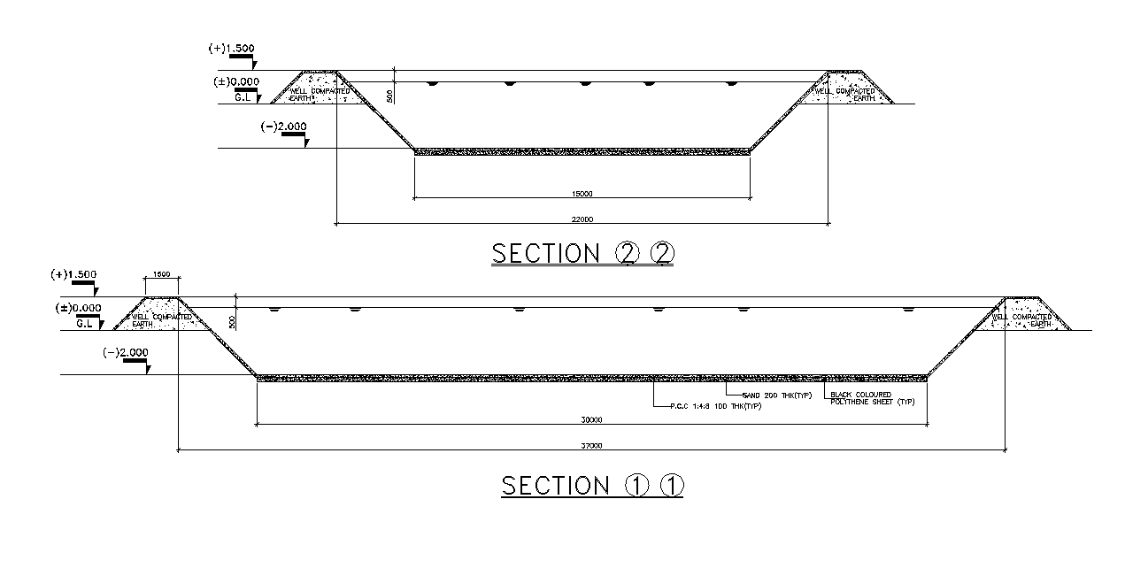 Sectional plan of a Lagoon. Download AutoCAD DWG file.
