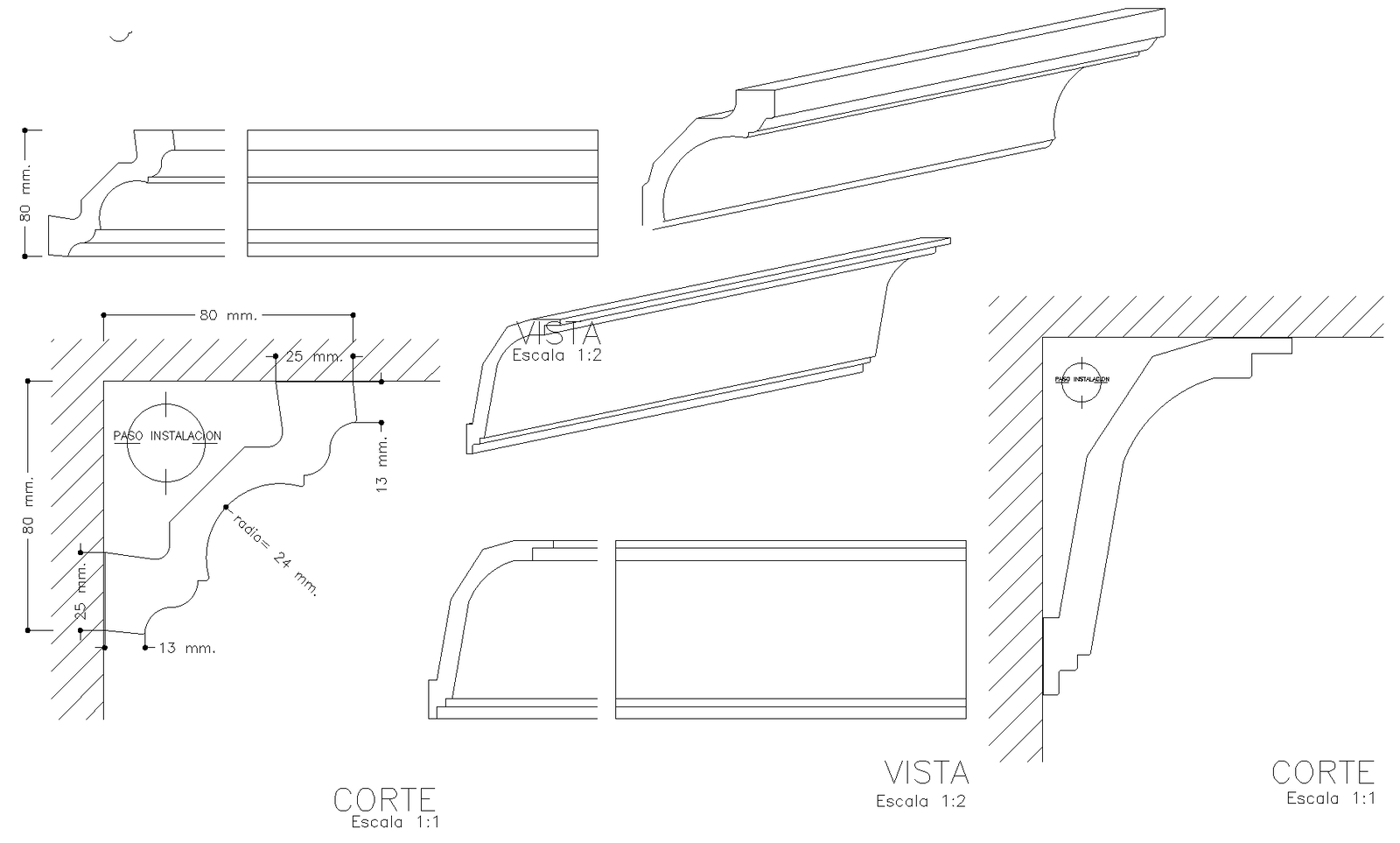 Sections of plaster mouldings plan detail dwg.