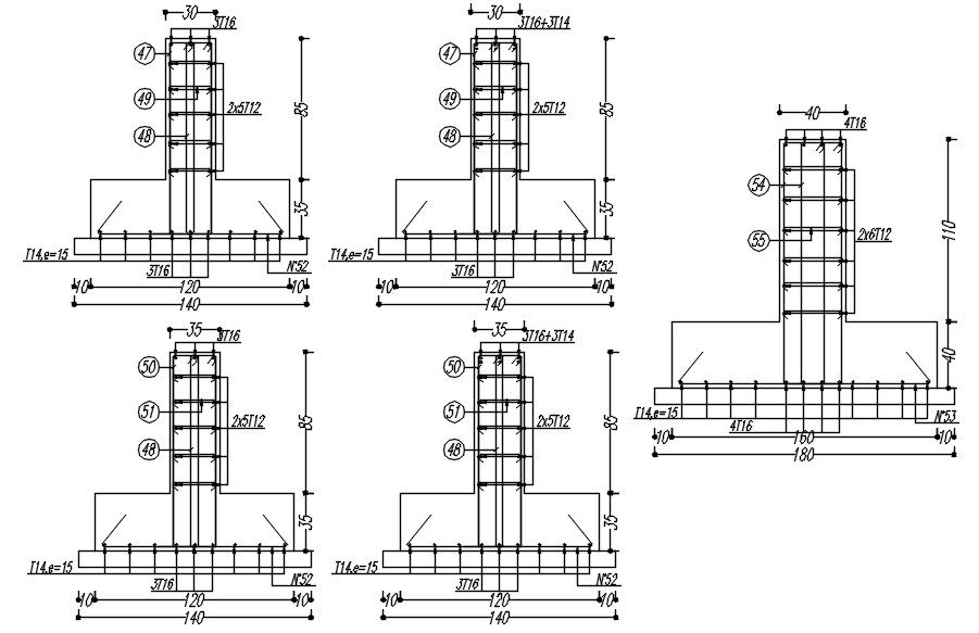 Sections Of Different Size Of Footing With Reinforcement Details In Autocad 2d Drawing Cad File