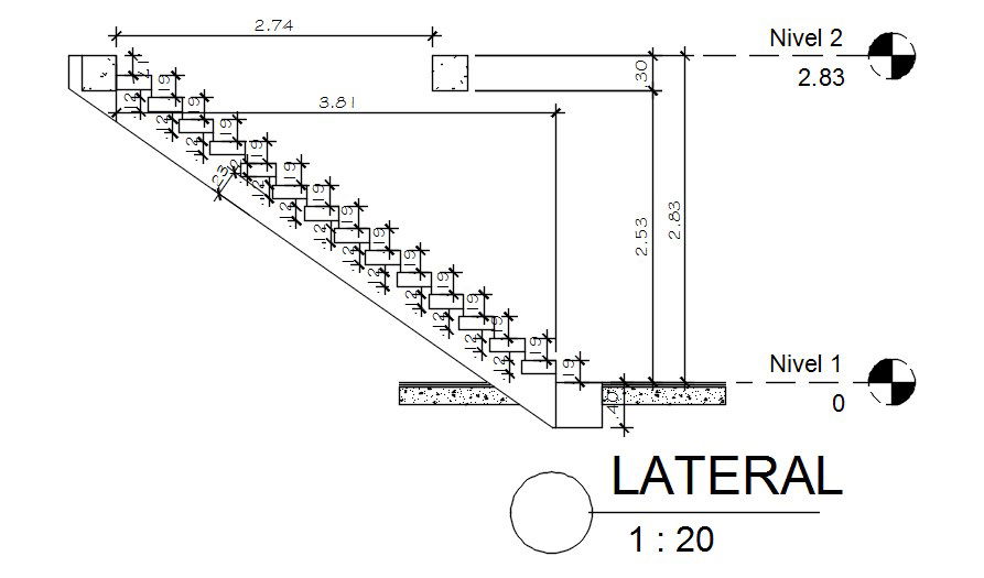 Side Elevation Of The Staircase Design With Details And Dimensions In Autocad 2d Drawing Cad