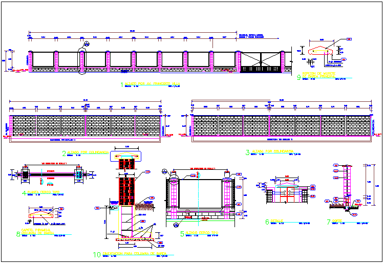 Square Perimeter fence with main entry gate details dwg file
