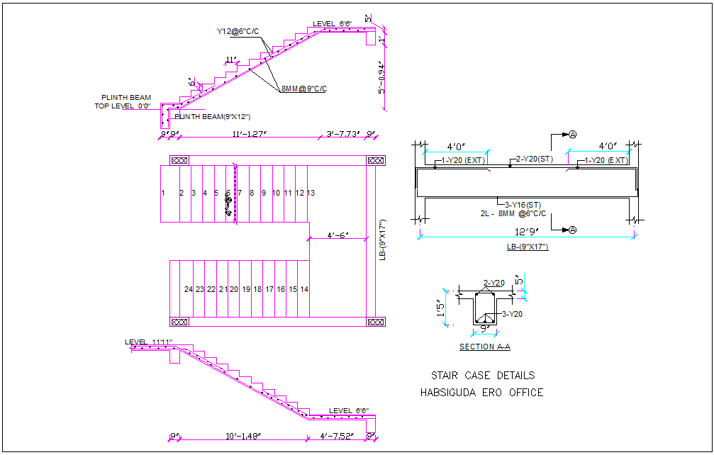 Stair case elevation,plan and section with construction view for office ...