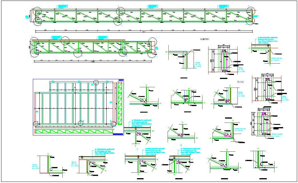 Steel structure detail view of joint and connection dwg file