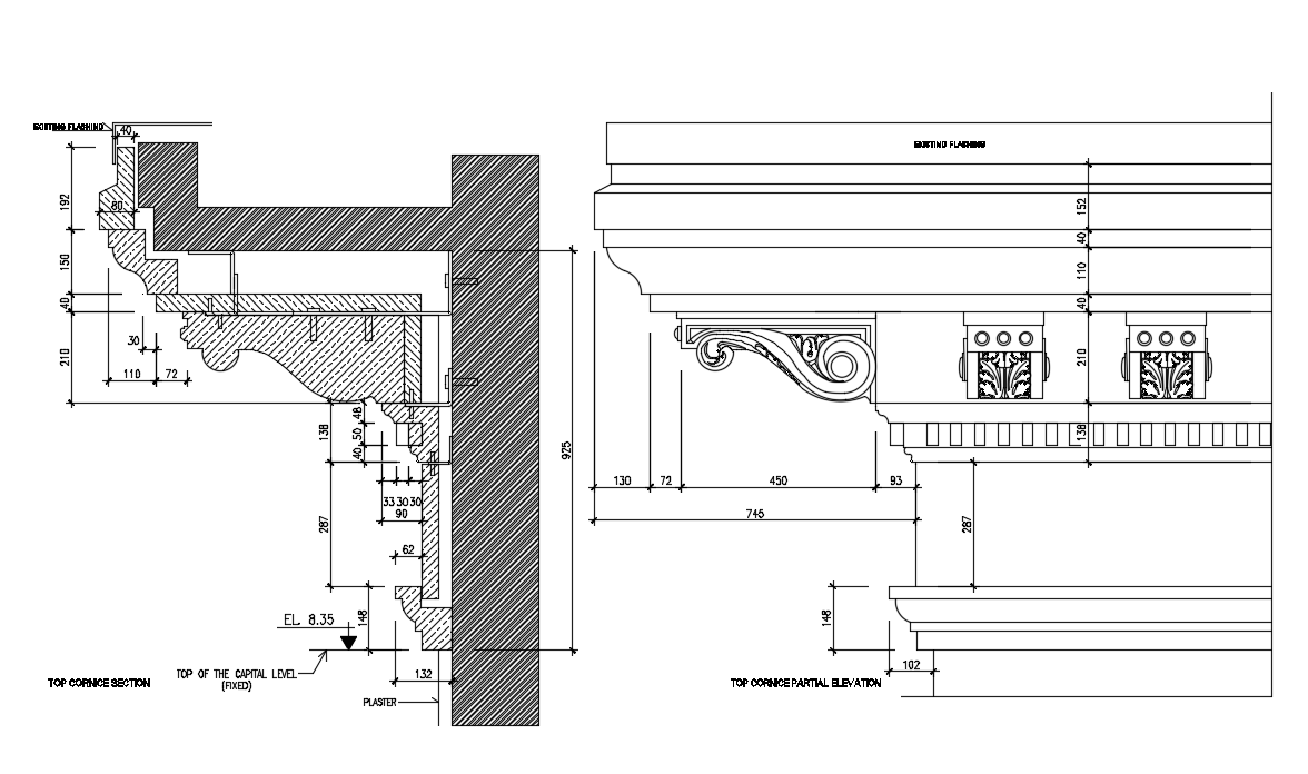 Tips To Draw 2d Cad Drawing Of Cornice Elevation And Section Design ...