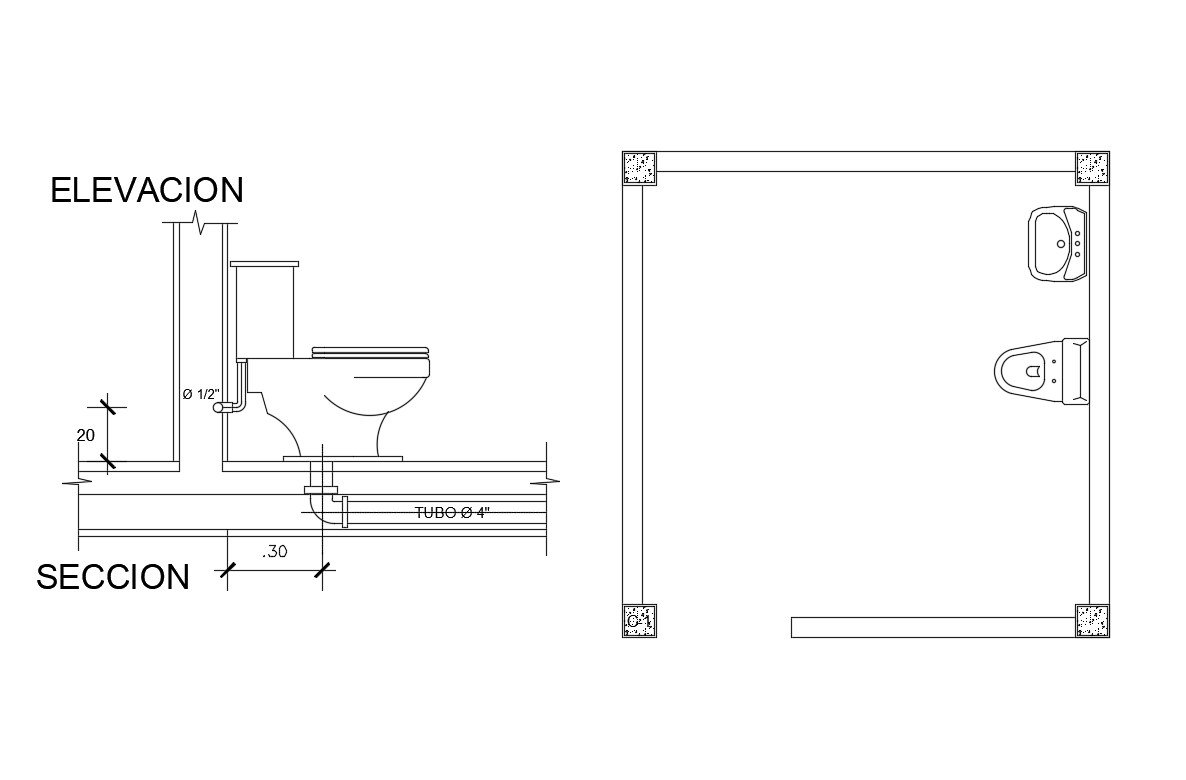 Toilet sheet installation elevation, section and bathroom details dwg file