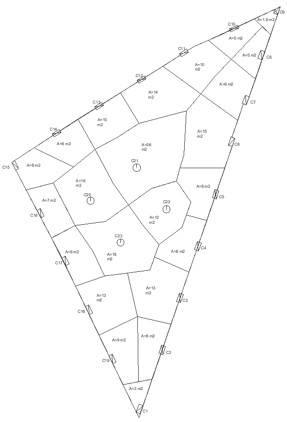 "Triangle Plot with Column Details and Dimensions: AutoCAD DWG Drawing"