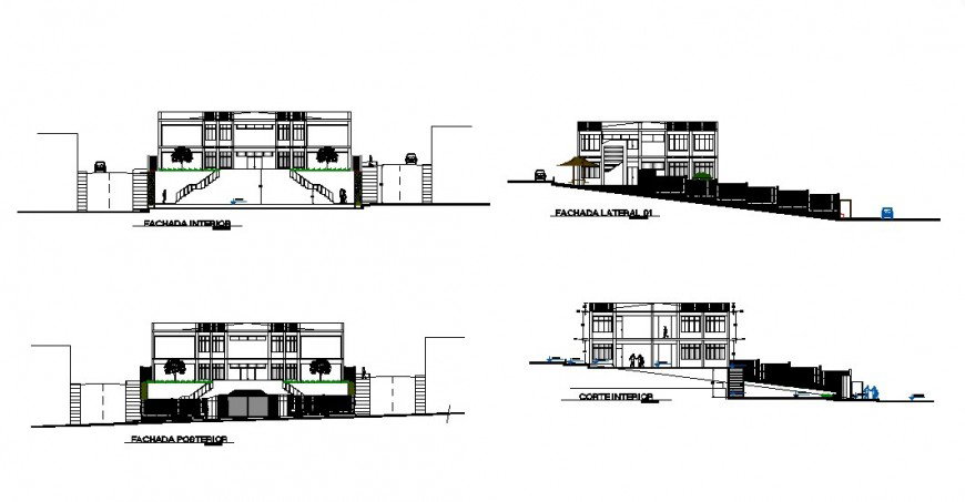 All sided elevation and sectional details of local community center ...