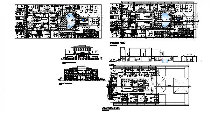 Beach view hotel of Peru elevation, section and plan cad drawing ...